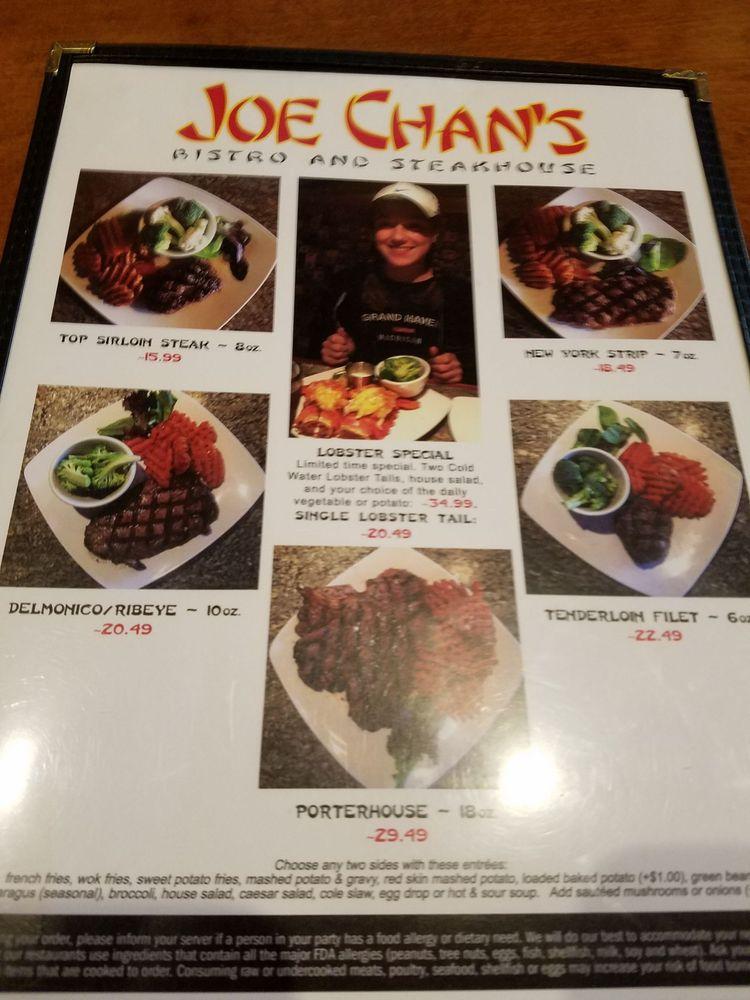 Menu at Joe Chan's Bistro steakhouse, Muskegon