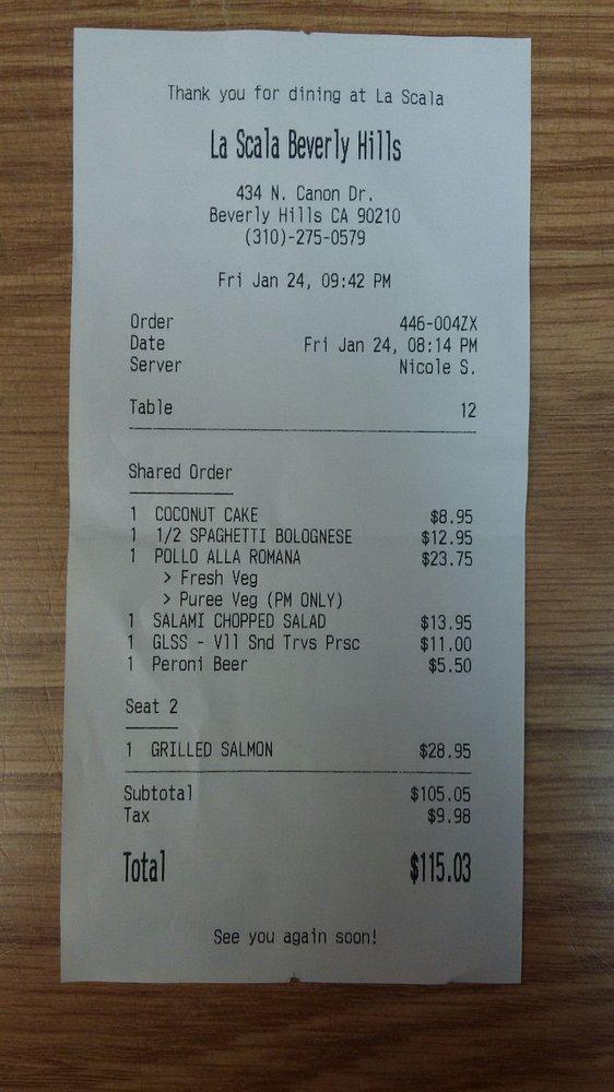 Menu at La Scala restaurant, Beverly Hills