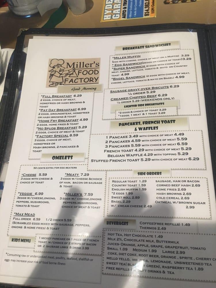 Menu at Miller's Food Factory restaurant, Conneaut Lake