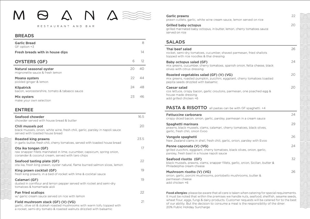 Menu at Moana restaurant and bar, Surfers Paradise