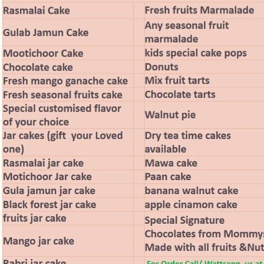 Menu at Mommys made bakery and baking classes, Delhi