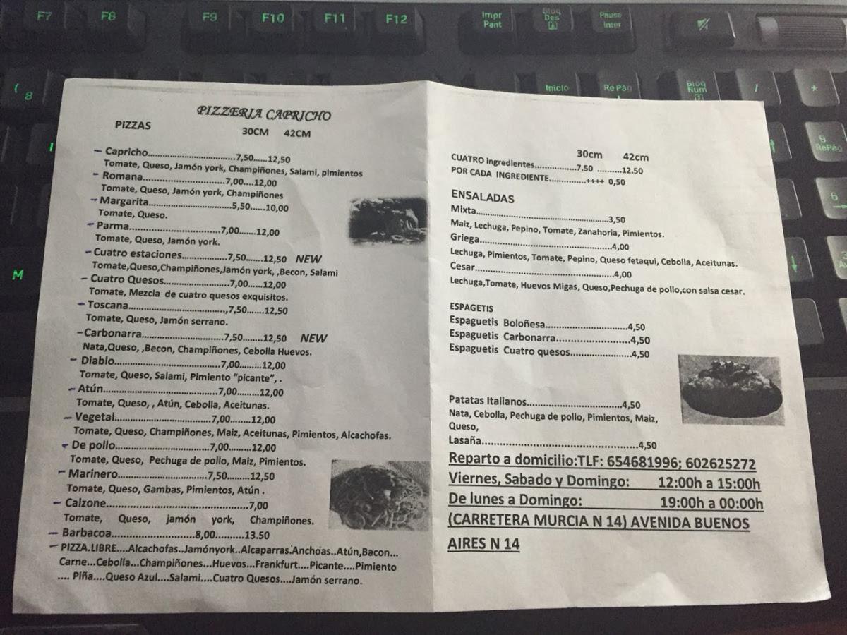 Carta de Pizzeria Capricho, Guadix