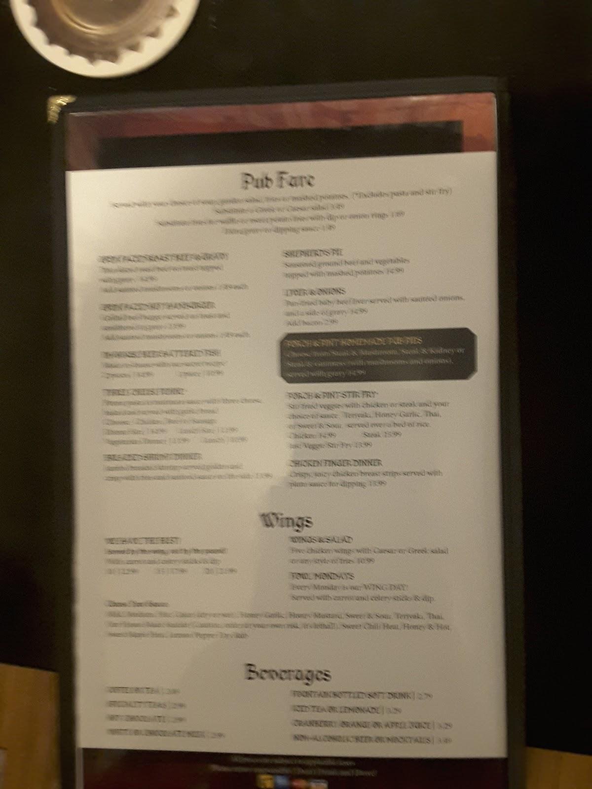 Menu at Porch & Pint Pub, Peterborough