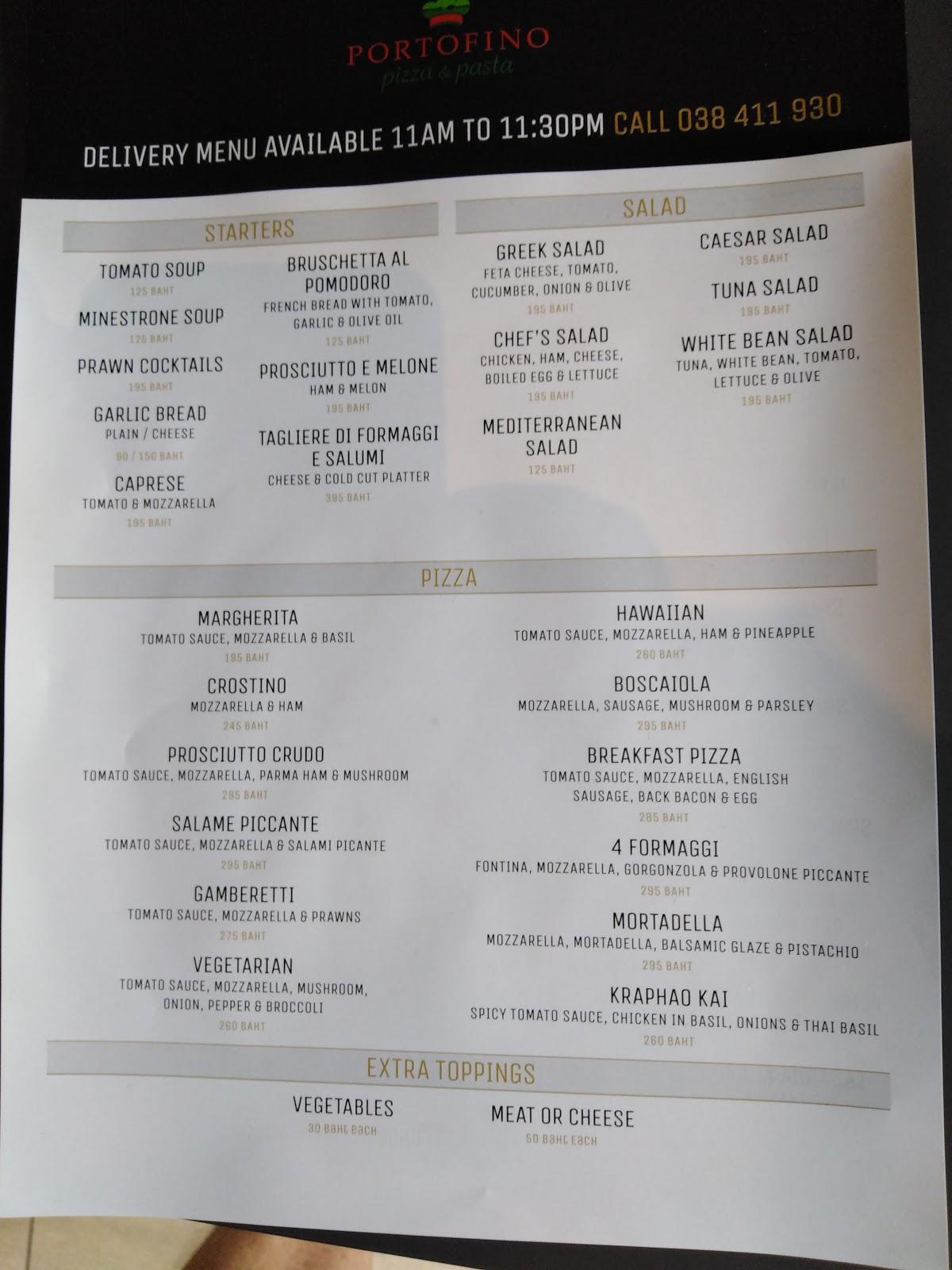 Menu at Portofino Pizza & Pasta restaurant, Pattaya City