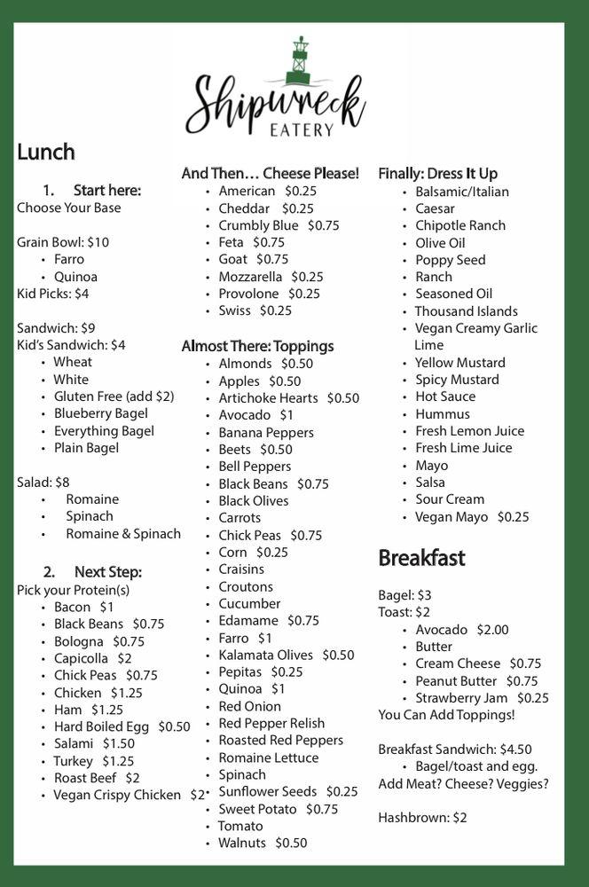 Menu at Shipwreck Eatery restaurant, Clayton