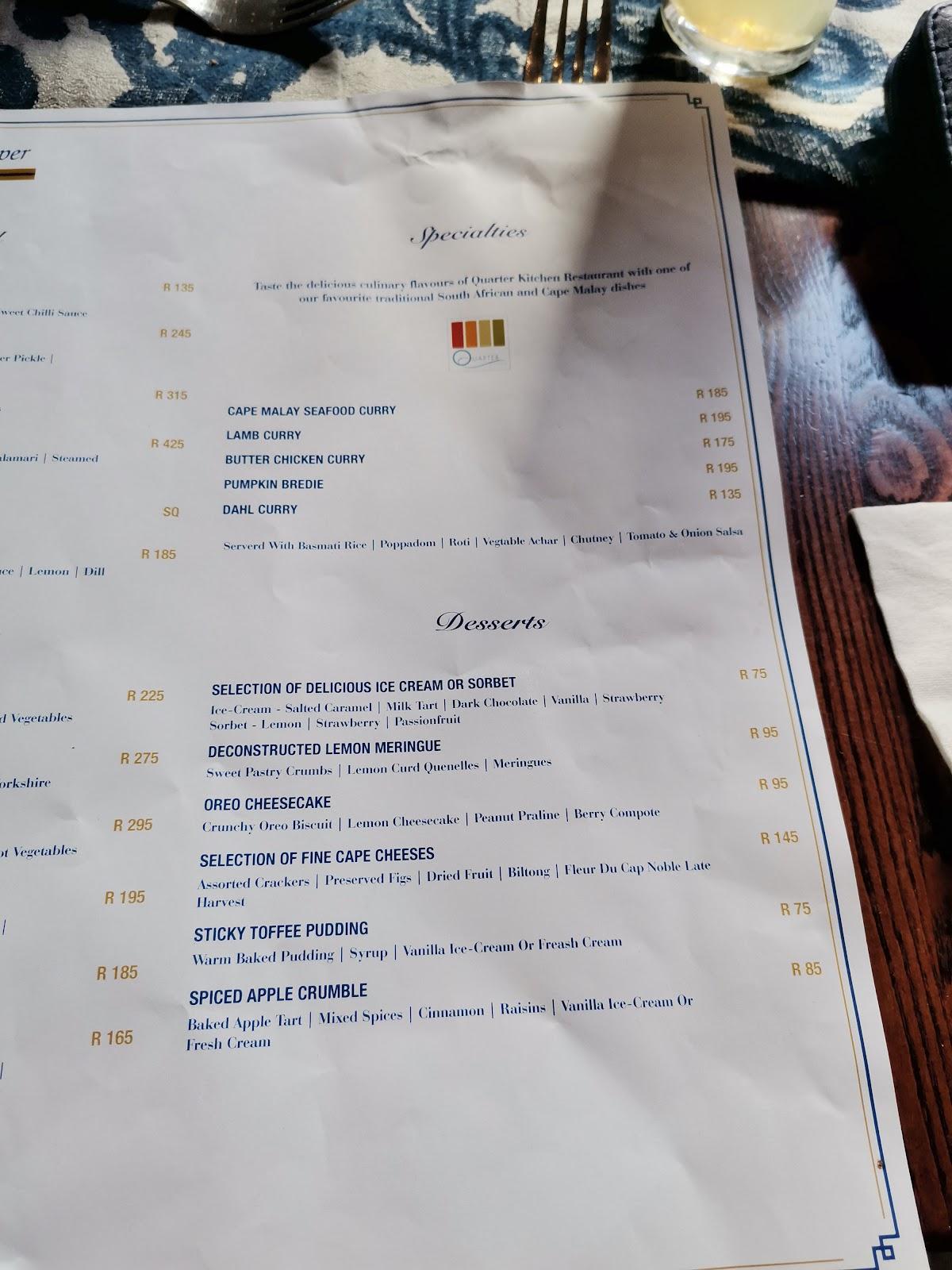 Menu at The Clipper restaurant, Cape Town