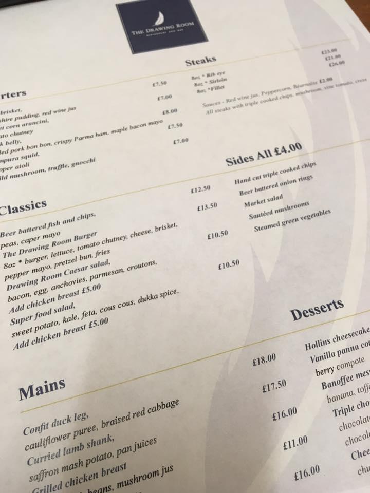 Menu at The Drawing Room at Hollins Hall restaurant, Baildon