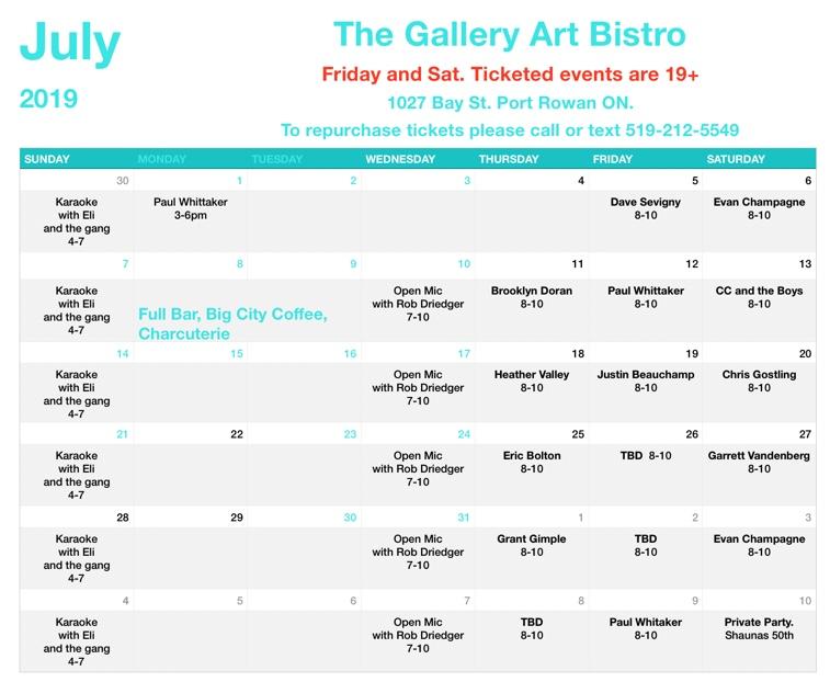 Menu at The Gallery Art Bistro cafe, Port Rowan