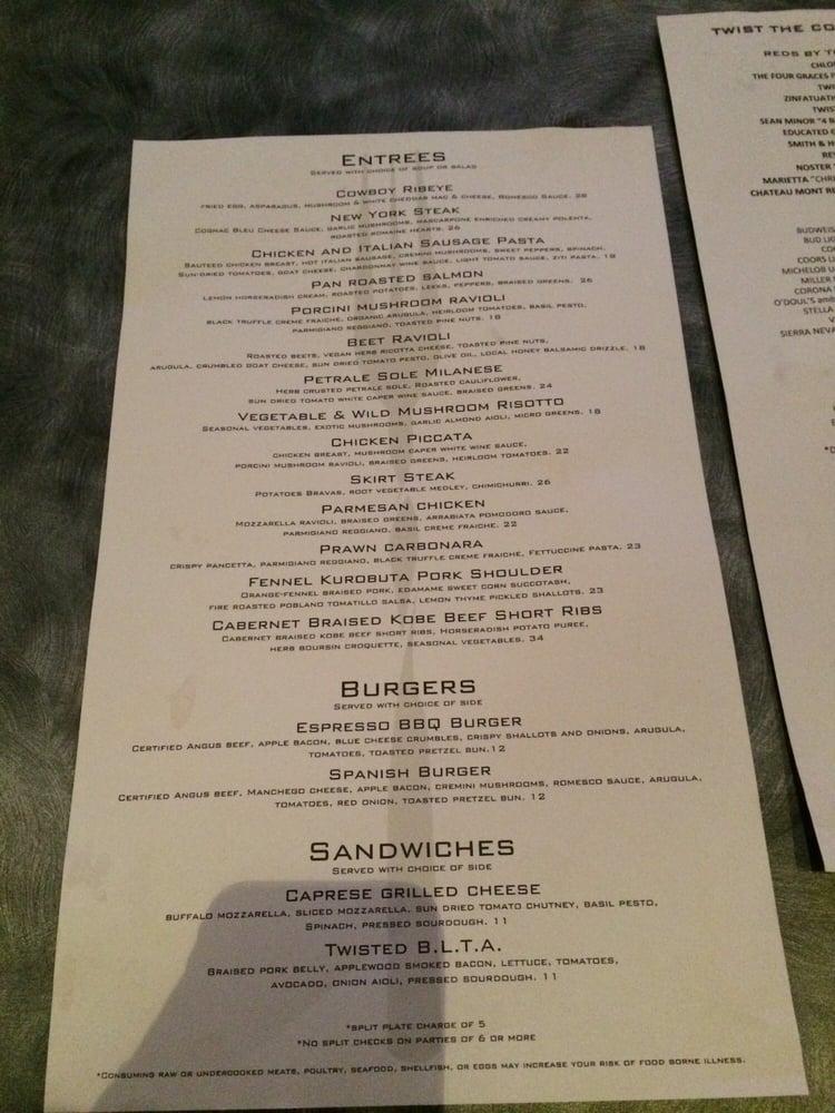 Menu at The Twisted Fork restaurant, Reno