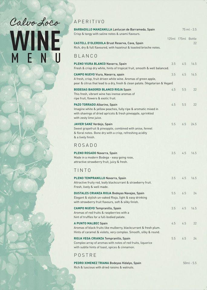 Menu at Calvo Loco Tapas Bar, Exeter