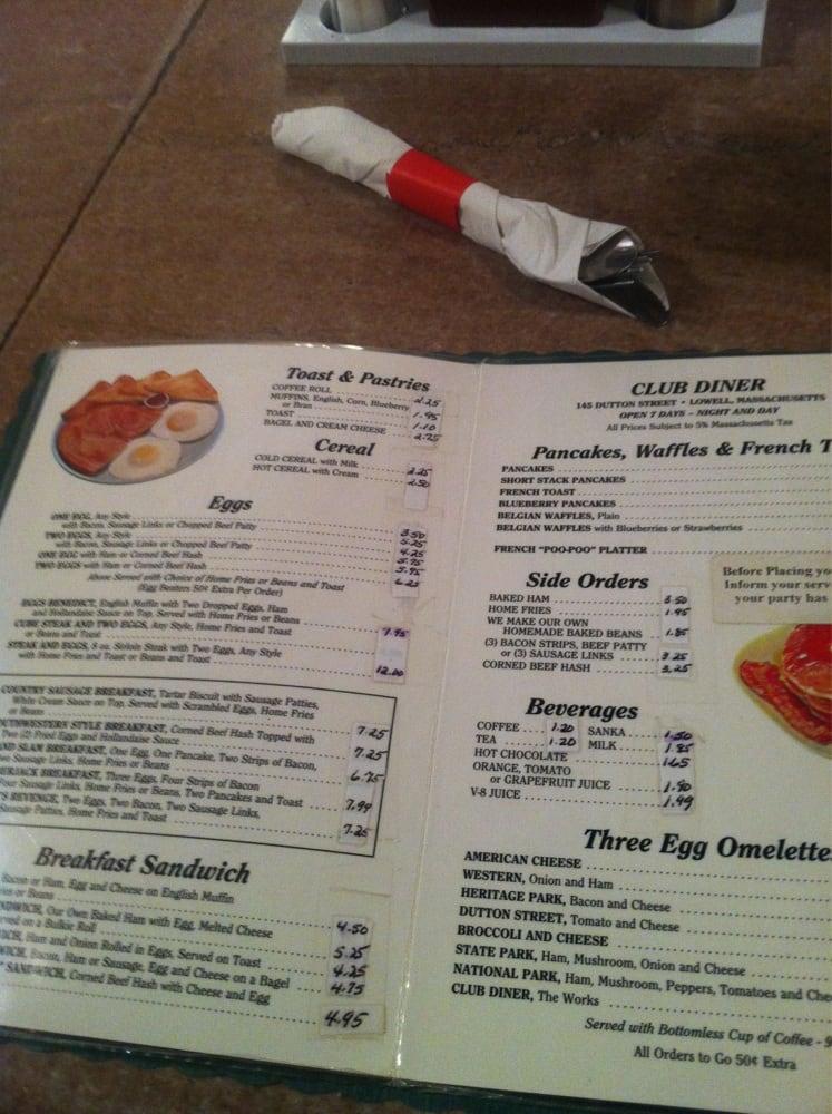 Menu at Club Diner, Lowell, 145 Dutton St