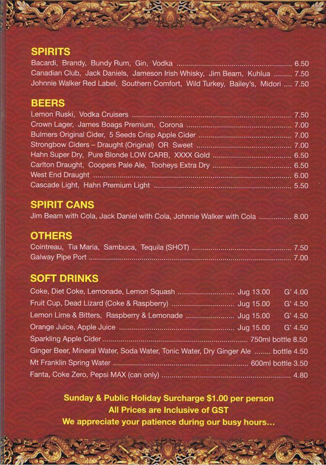 Menu at Dragon Village restaurant, Naracoorte
