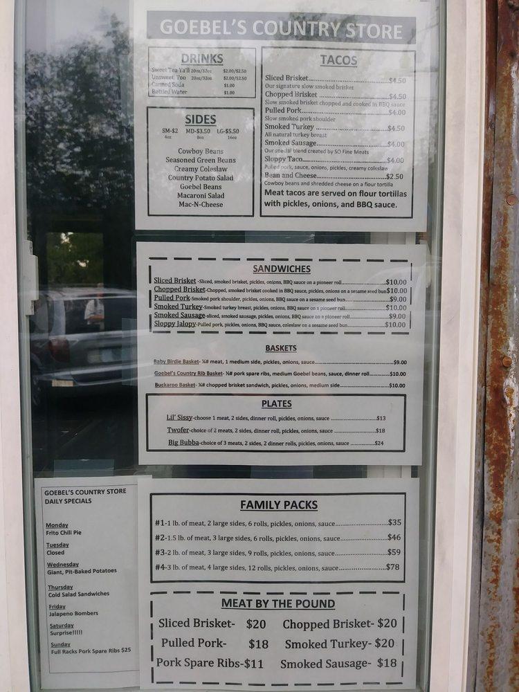 Menu at Goebel’s Country Store BBQ, Shady Cove