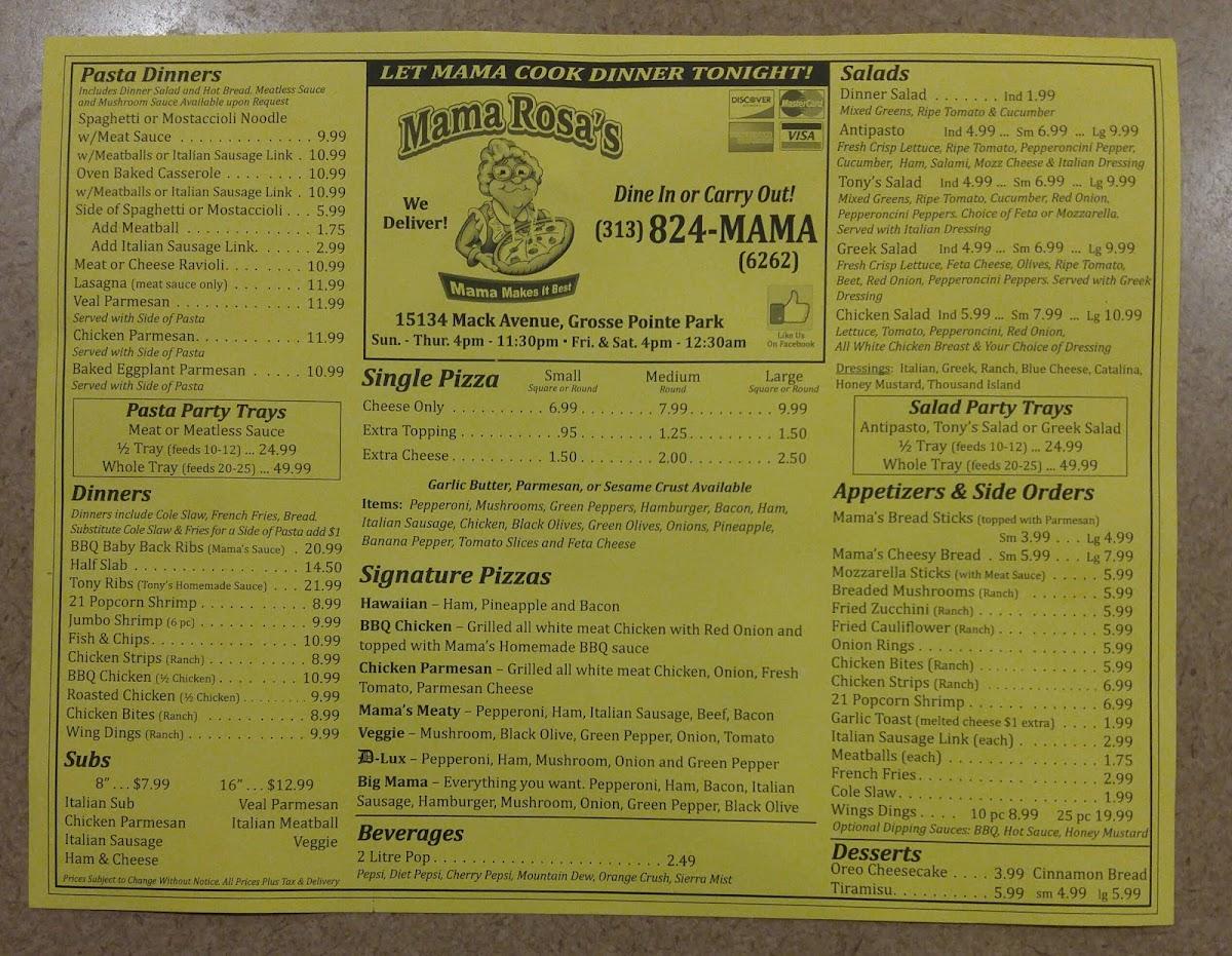 Menu at Mama Rosa's Pizzeria, Grosse Pointe Park