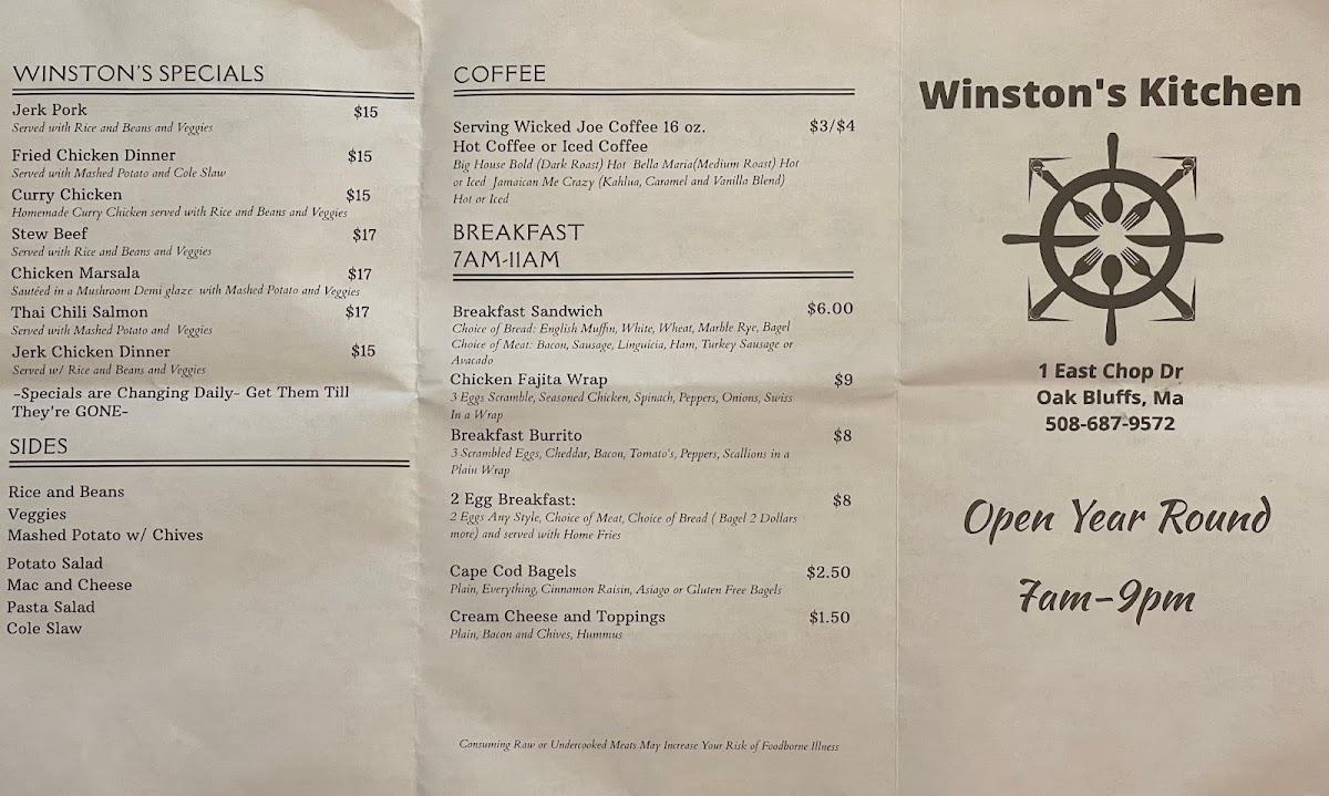 Menu at Winston’s Kitchen restaurant, Oak Bluffs