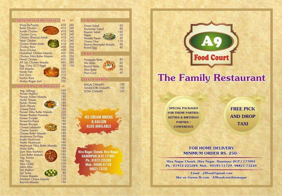 Menu at A9 Food Court, Hamirpur