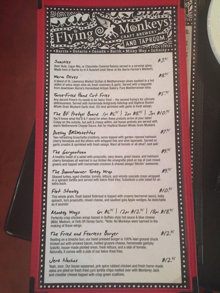 Menu at Flying Monkeys Craft Brewery restaurant, Barrie