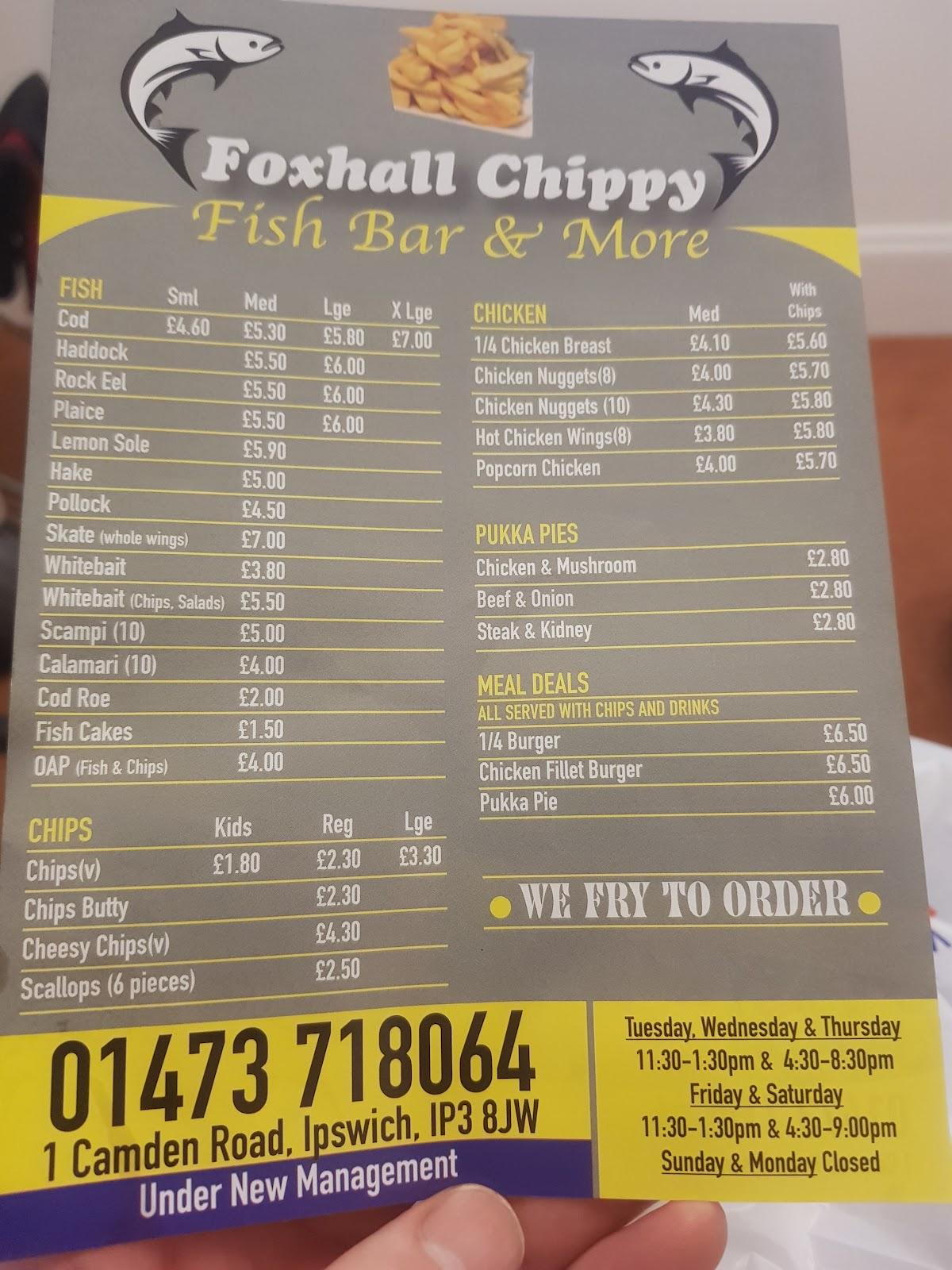 Menu at Foxhall Chippy restaurant, Ipswich