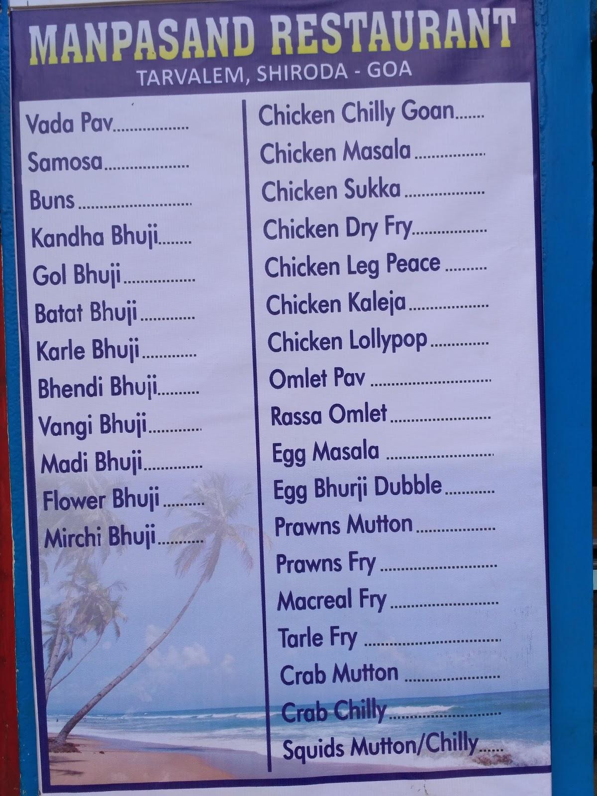 Menu at Manpasand multicusine restaurant and fast food, Ponda