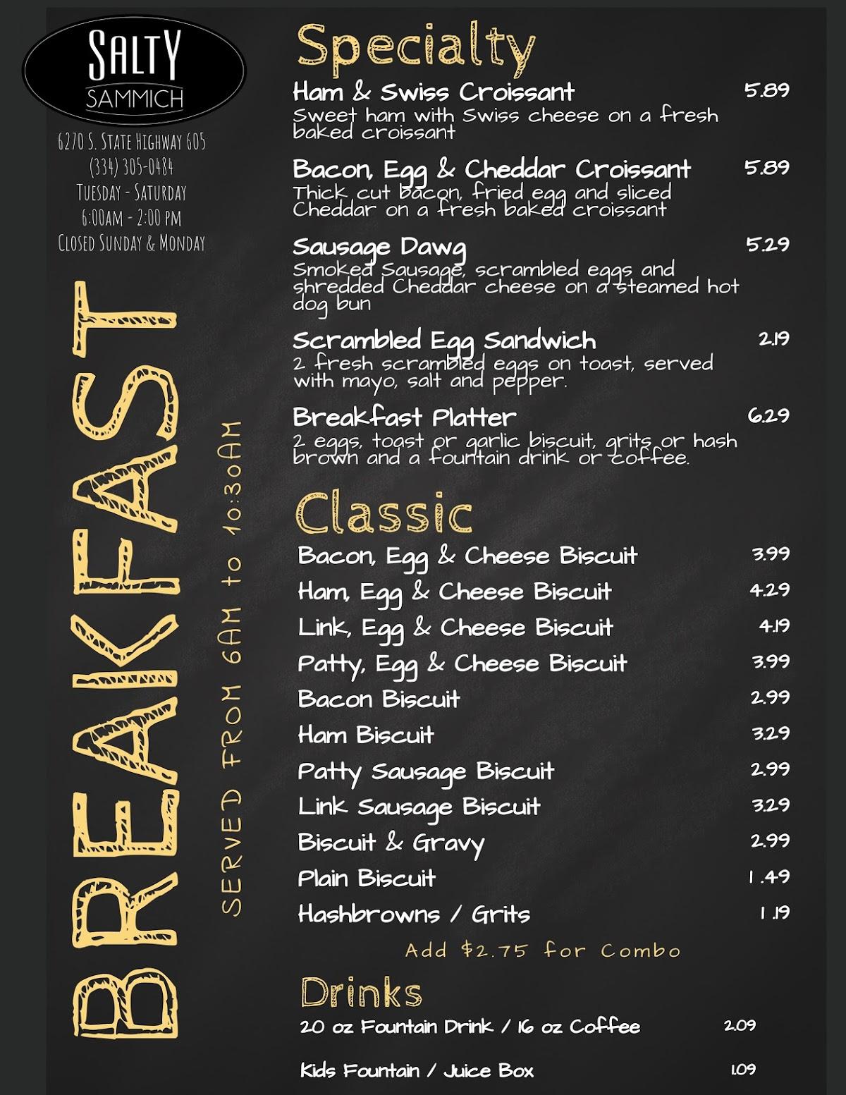 Menu at Salty Sammich restaurant, Dothan