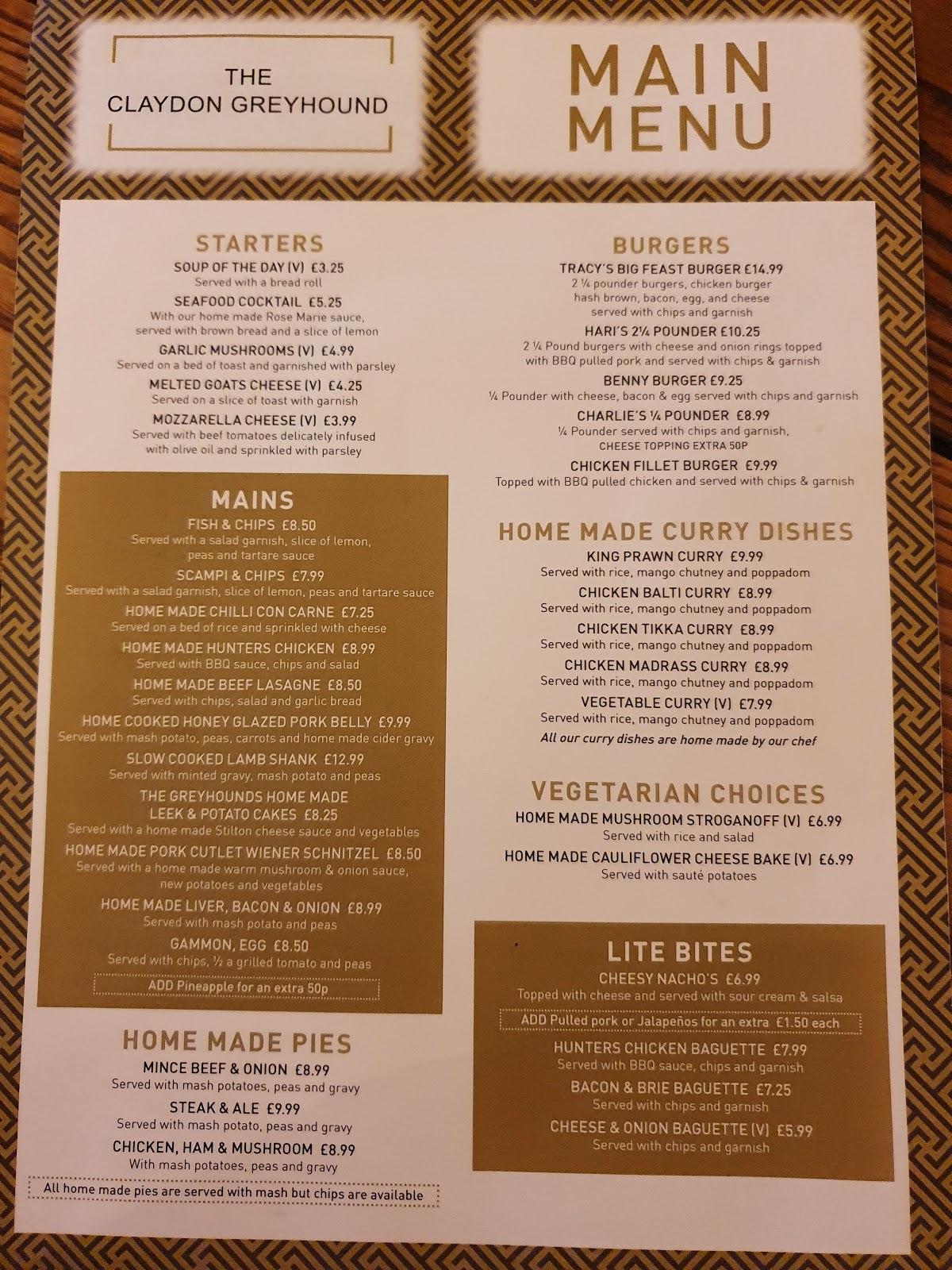 Menu at The Claydon Greyhound pub & bar, Ipswich