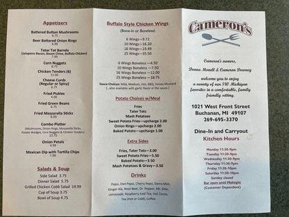 Menu at Cameron's Restaurant, Buchanan
