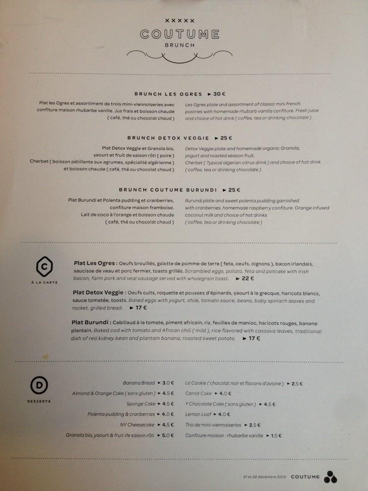 Menu at Coutume cafe, Paris, 47 Rue de Babylone