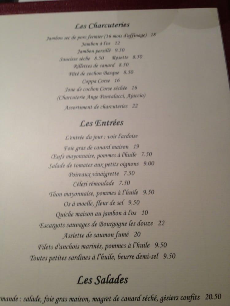Menu at Le Griffonnier restaurant, Paris