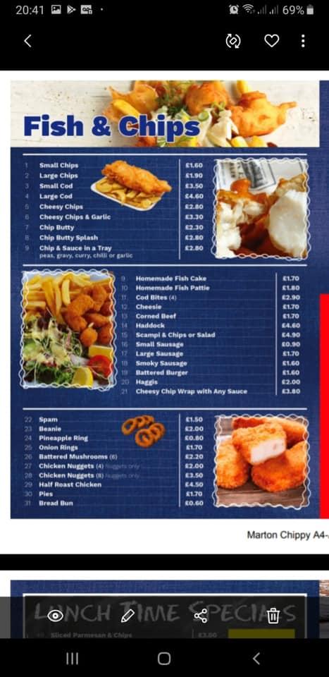 Menu at Marton Chippy fast food, Middlesbrough
