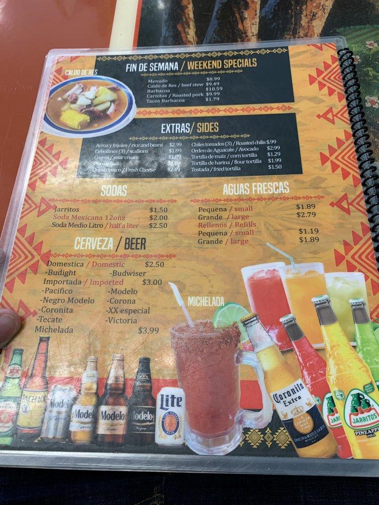Menu at Mi Pueblo restaurant, Knoxville