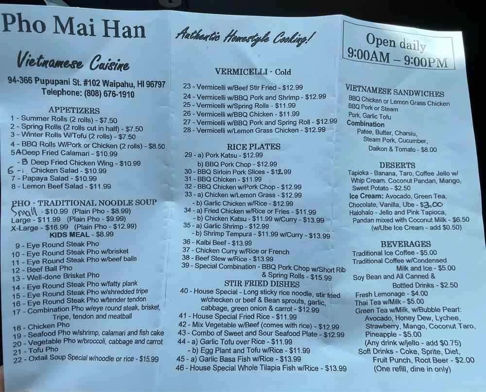 Menu at Pho Mai Han restaurant, Waipahu, 94-366 Pupupani St #102