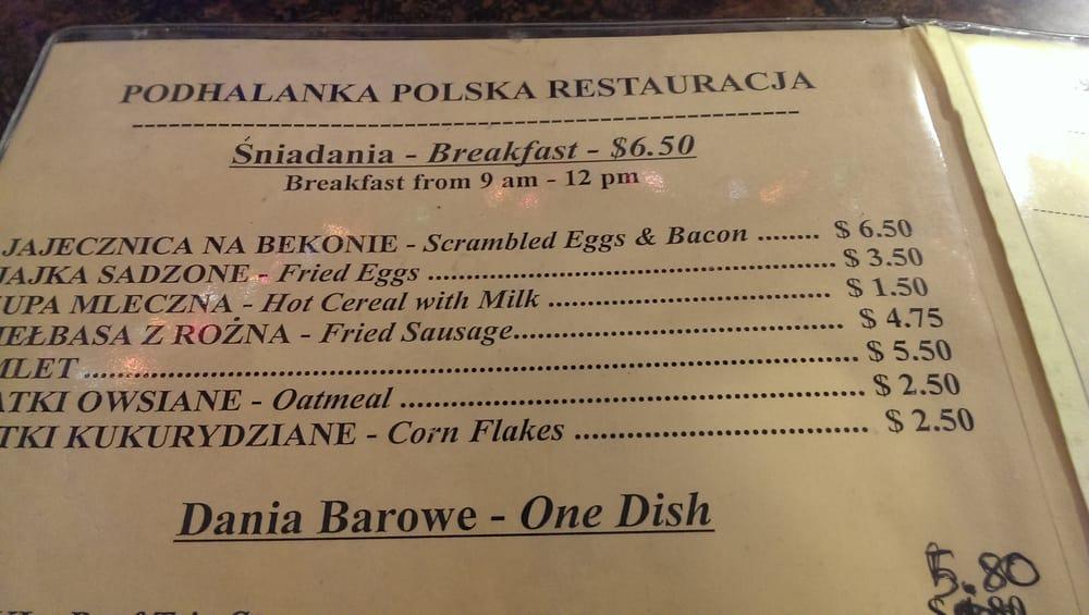 Menu at Podhalanka restaurant, Chicago