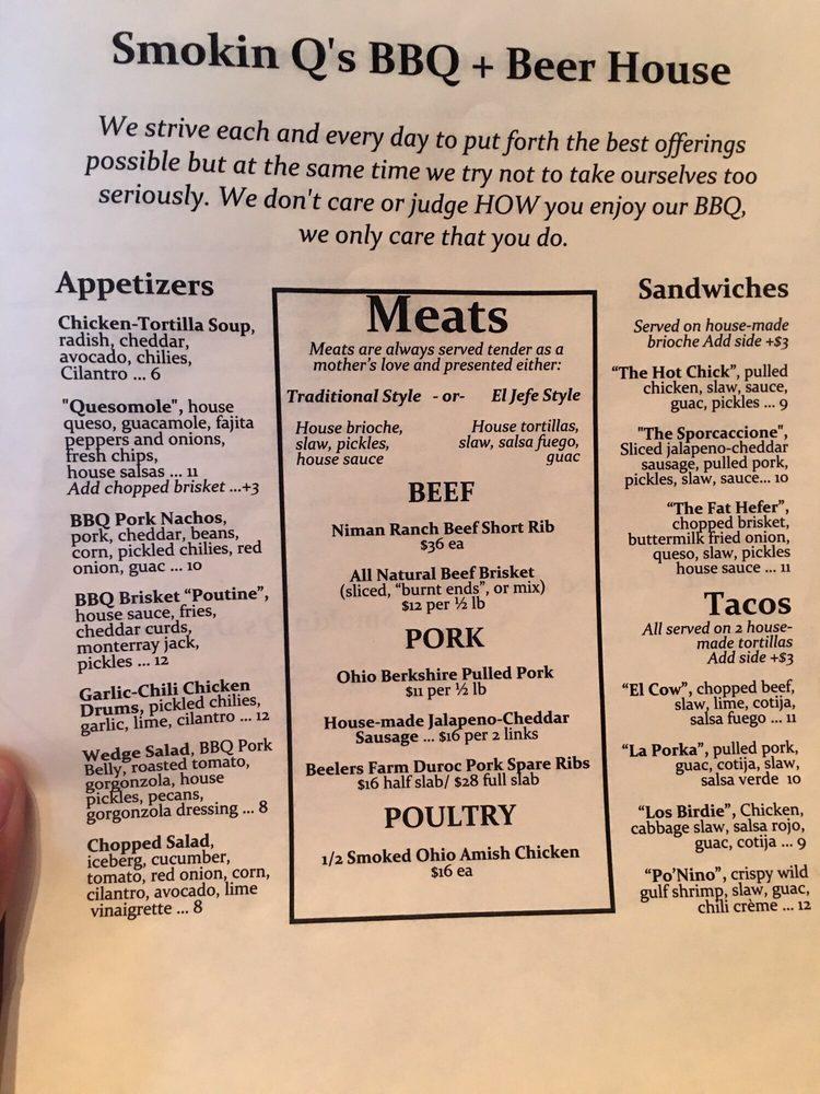 Menu at Smokin Q's BBQ and Beer House, Mayfield