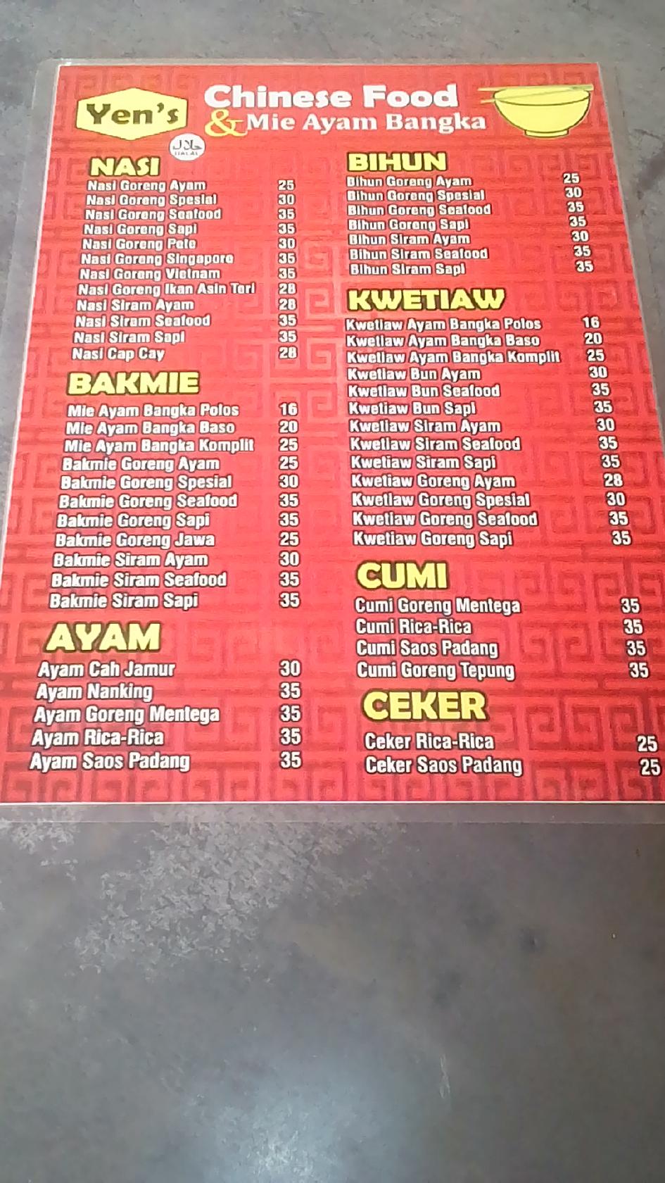 Menu at Yen's Chinese Food restaurant, Bogor