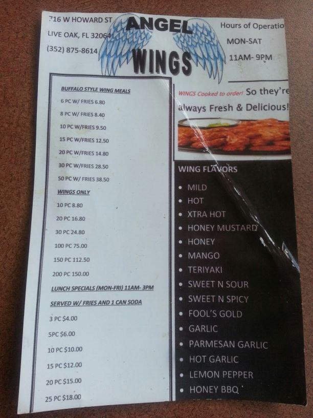 Menu at Angel Wings Restaurant, Live Oak
