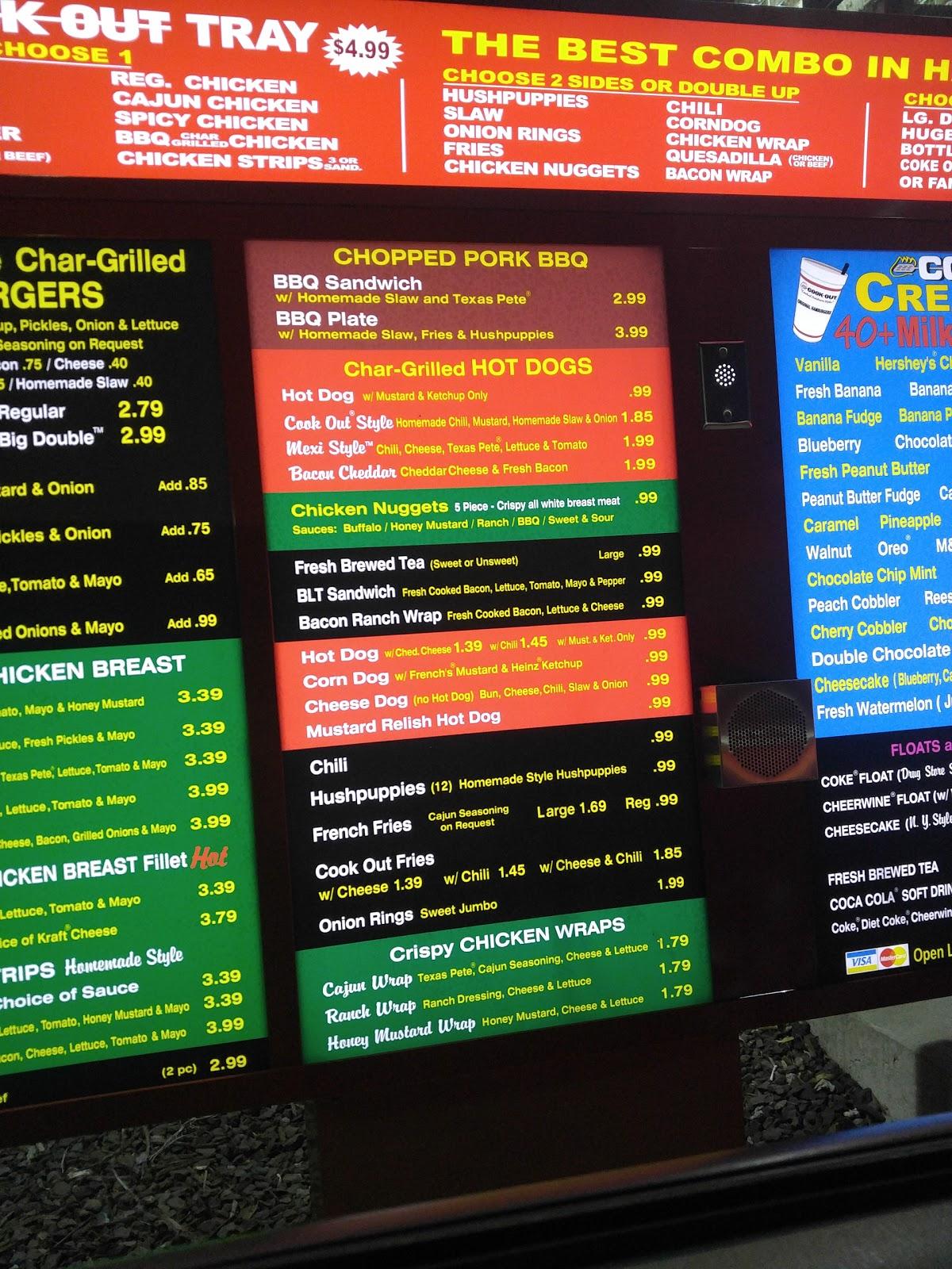 Menu at Cook Out restaurant, Hampton, W Mercury Blvd