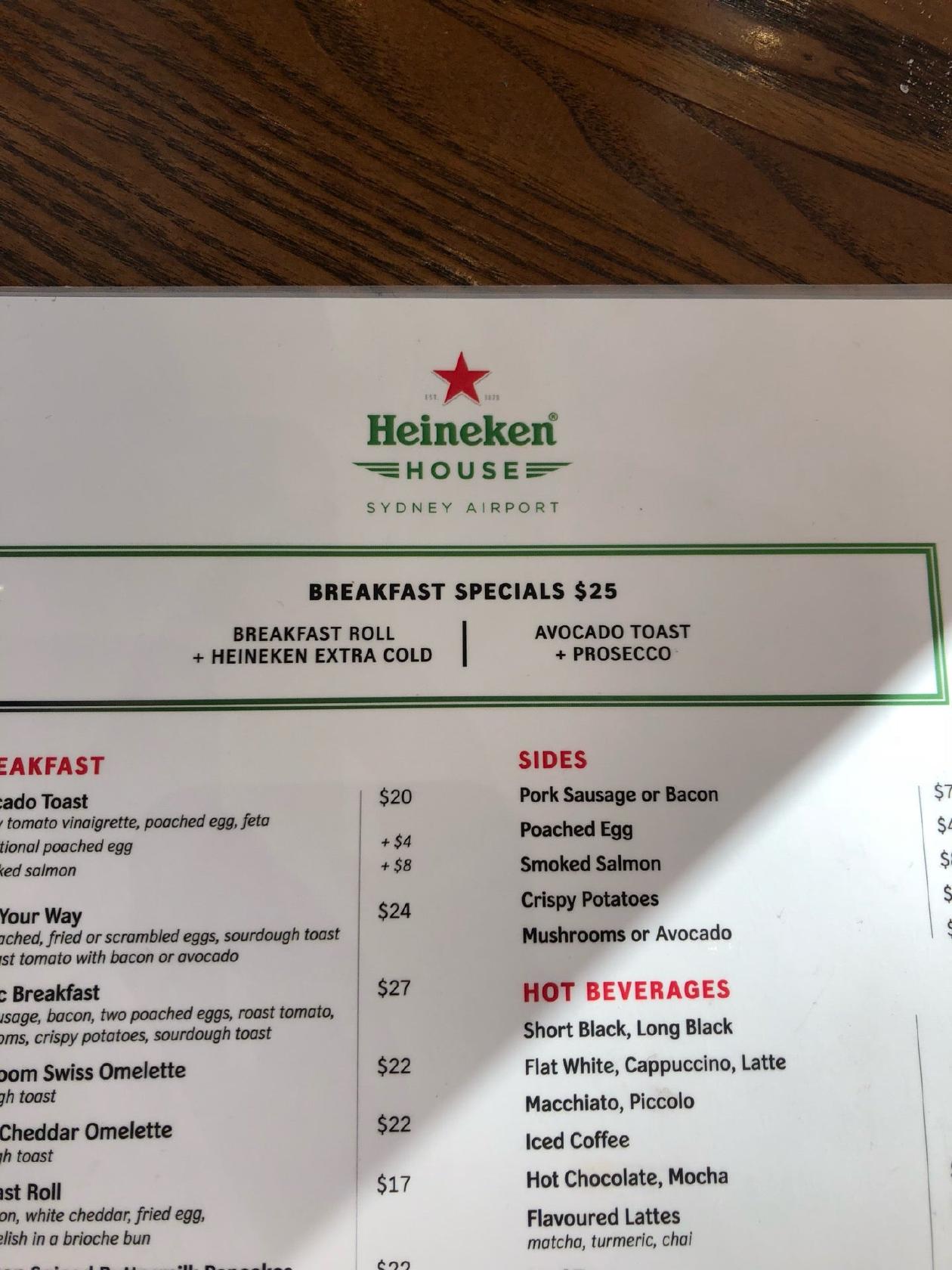 Menu at Heineken Bar, Mascot, Departure Plaza