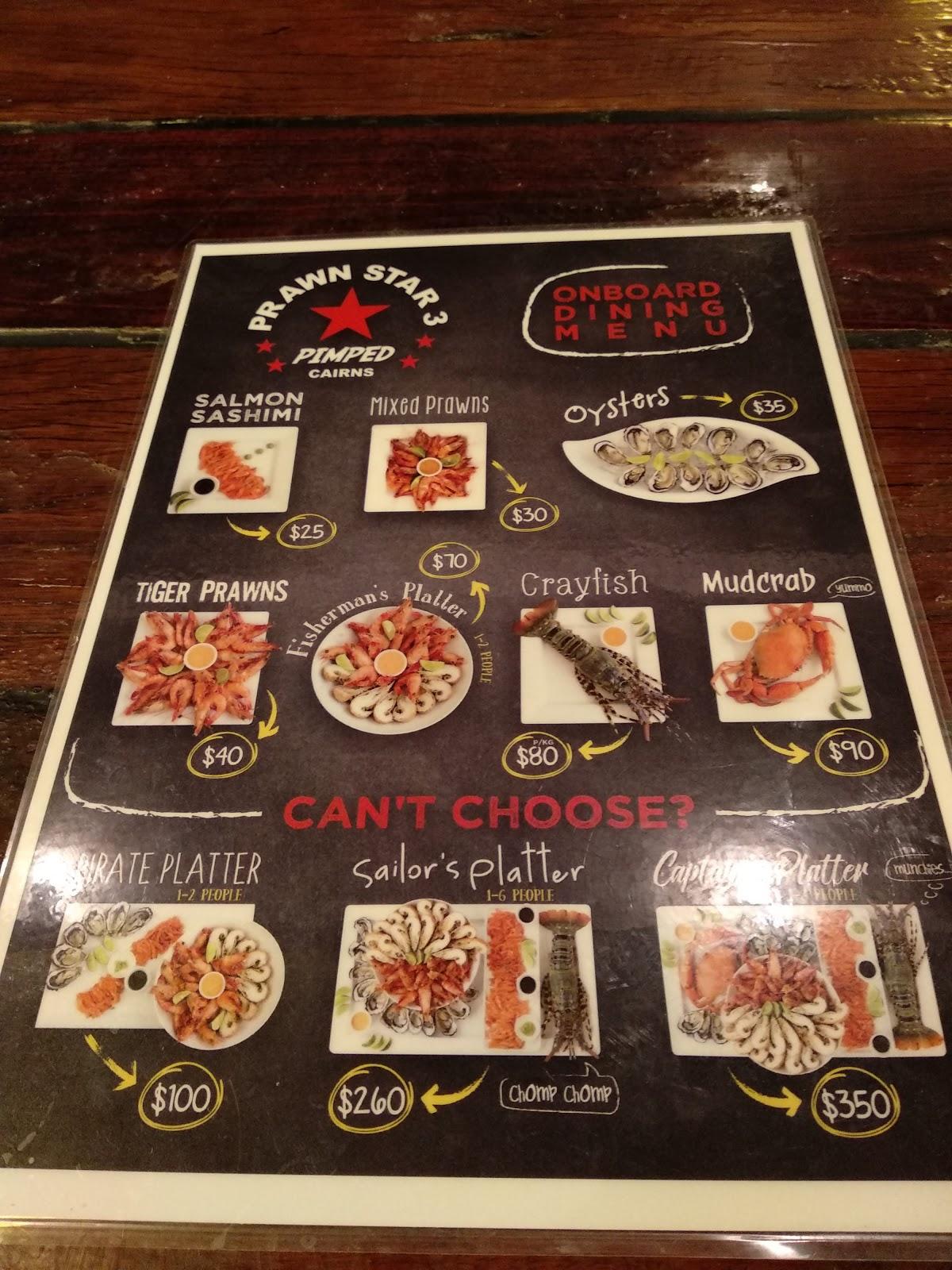 Menu at Prawn Star restaurant, Cairns