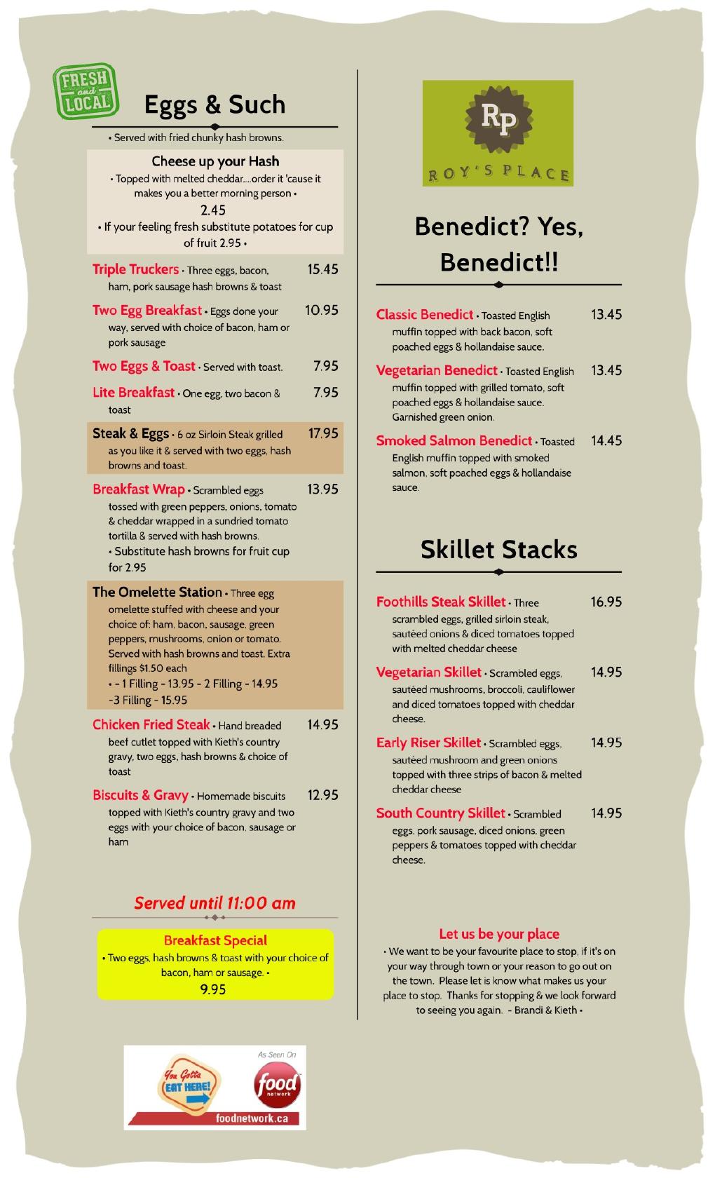 Menu at Roy's Place restaurant, Claresholm