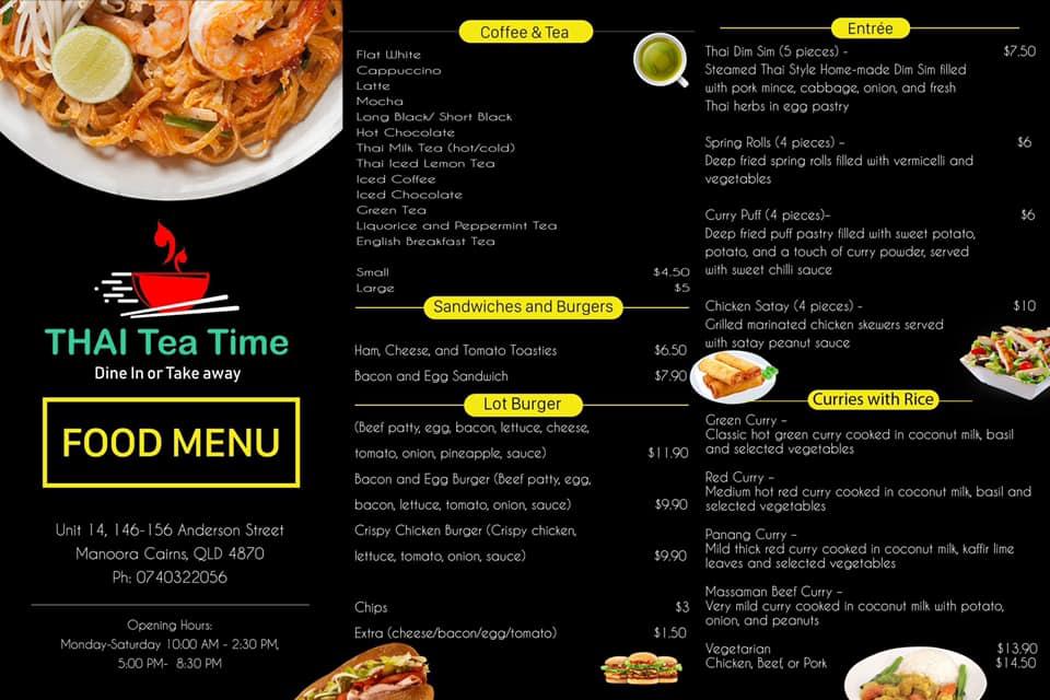 Menu at Thai Tea Time restaurant, Manoora
