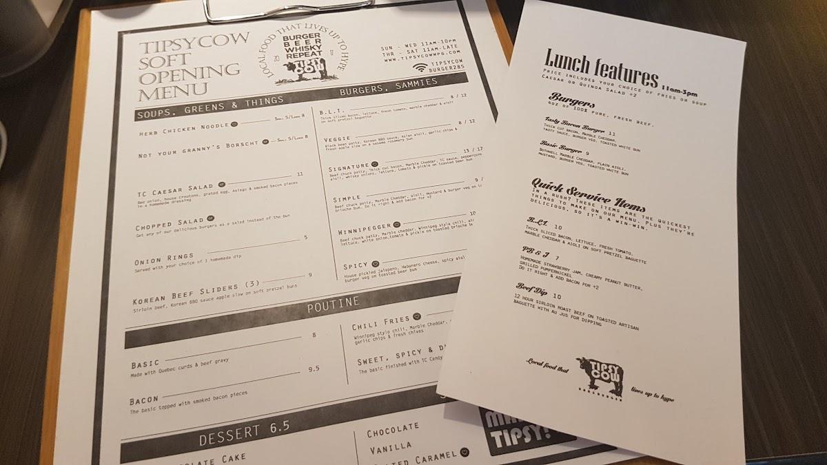 Menu at Tipsy Cow pub & bar, Winnipeg