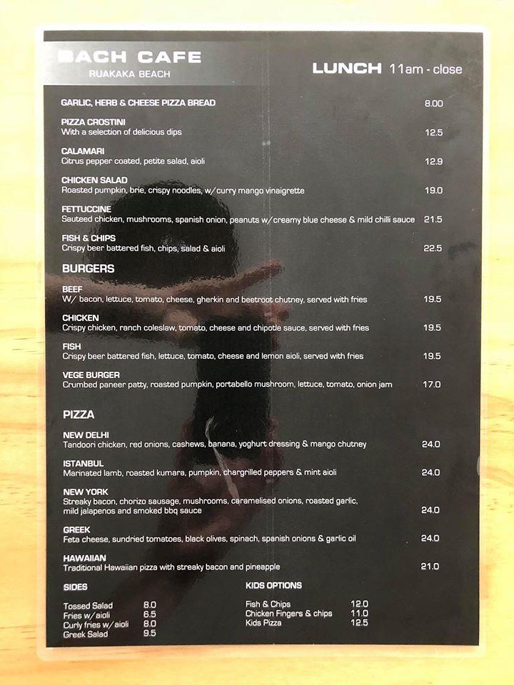 Menu at The Bach Cafe, Ruakaka