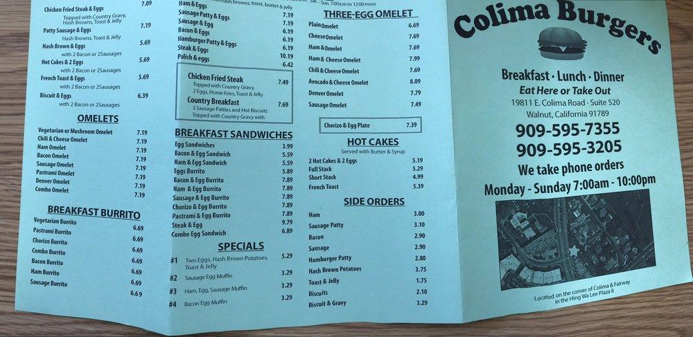 Menu at Colima Burgers restaurant, Walnut