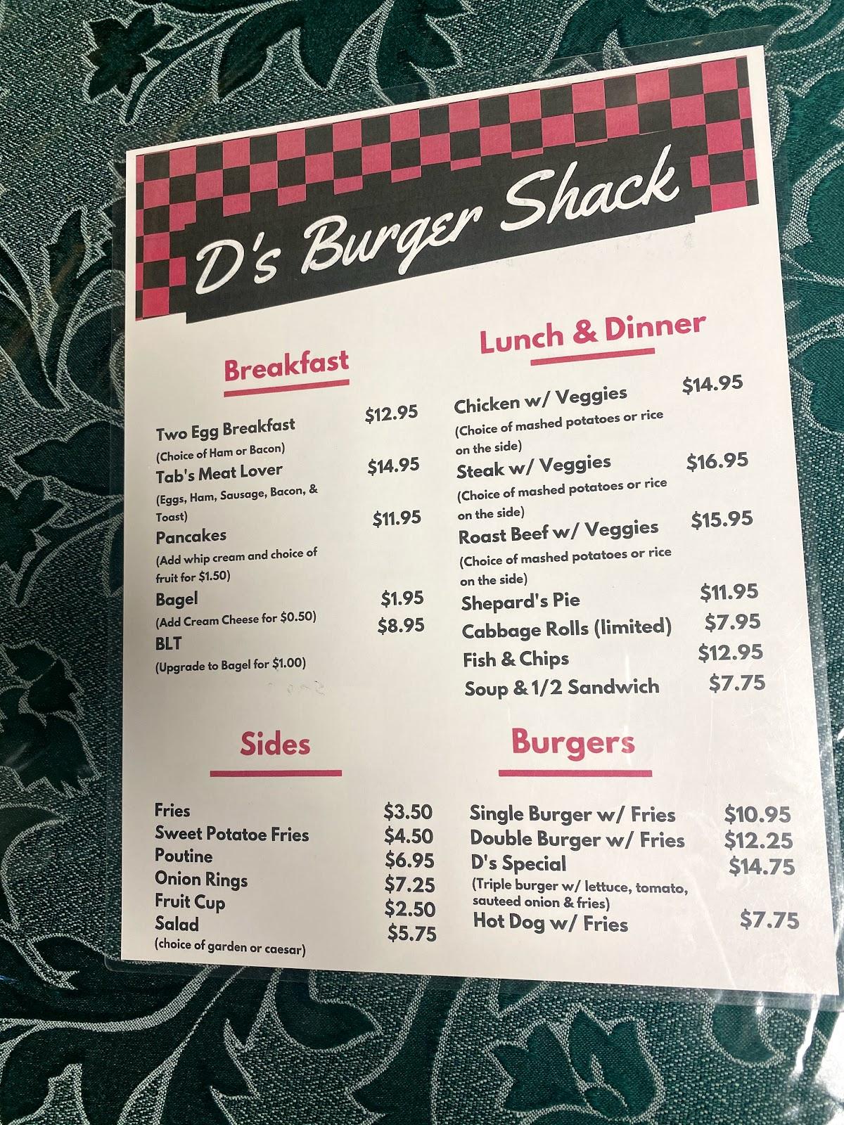 Menu at D's burger shack restaurant, Crossfield