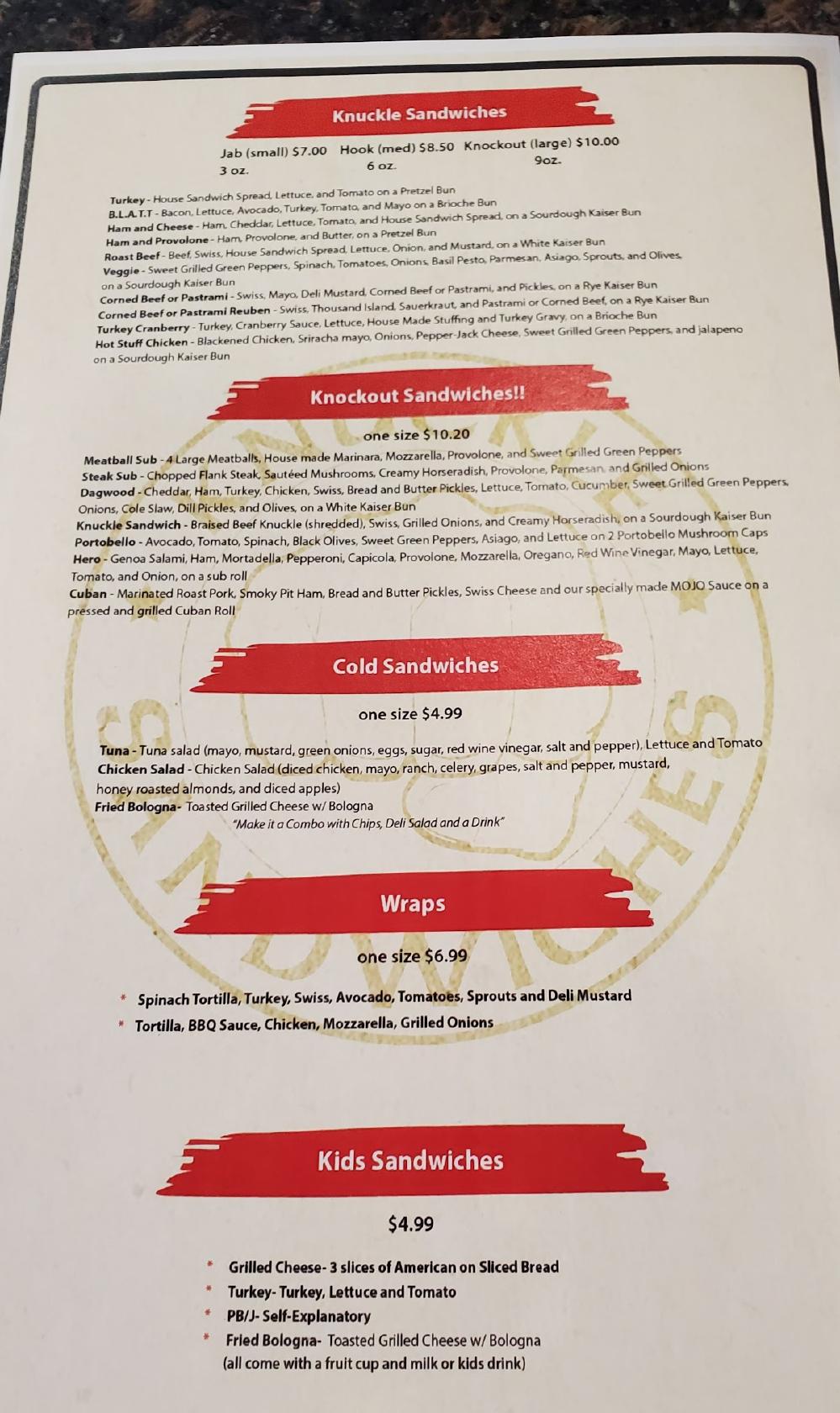 Menu at Knuckle Sandwiches restaurant, Mesa