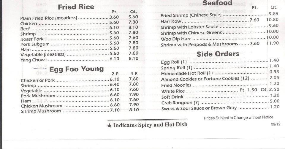 Menu at Lum's Chop Suey restaurant, Dearborn Heights
