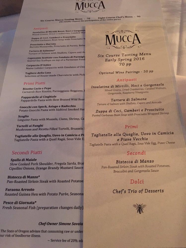 Menu at Mucca Osteria restaurant, Portland