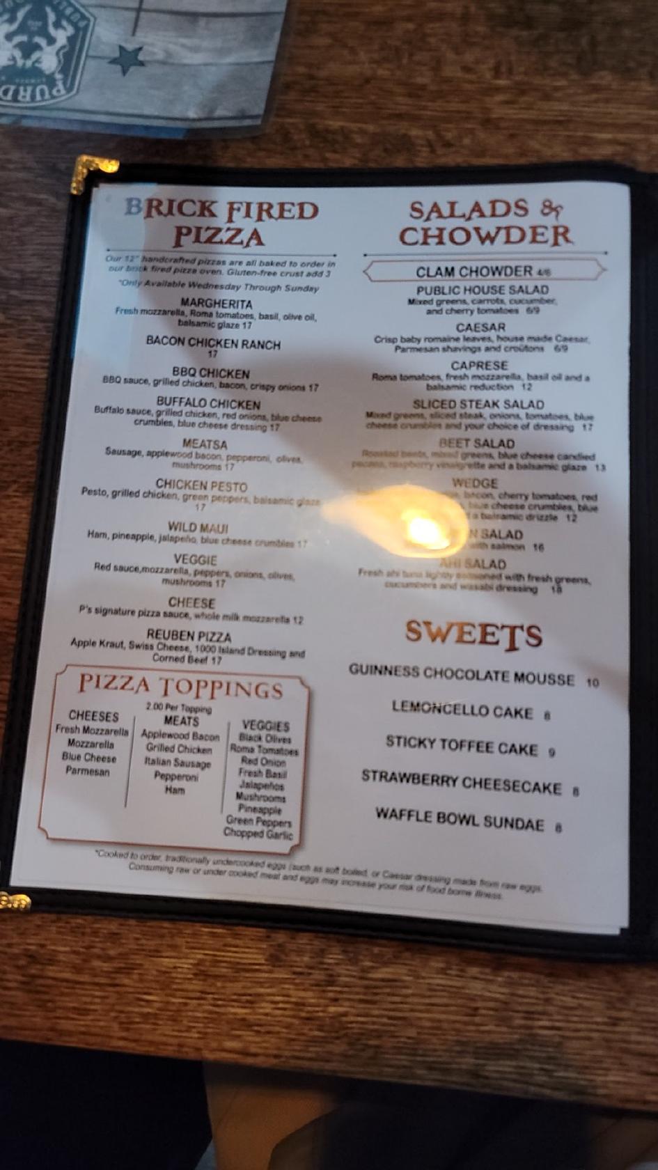 Menu at Purdy's Public House & Arcade, Sumner