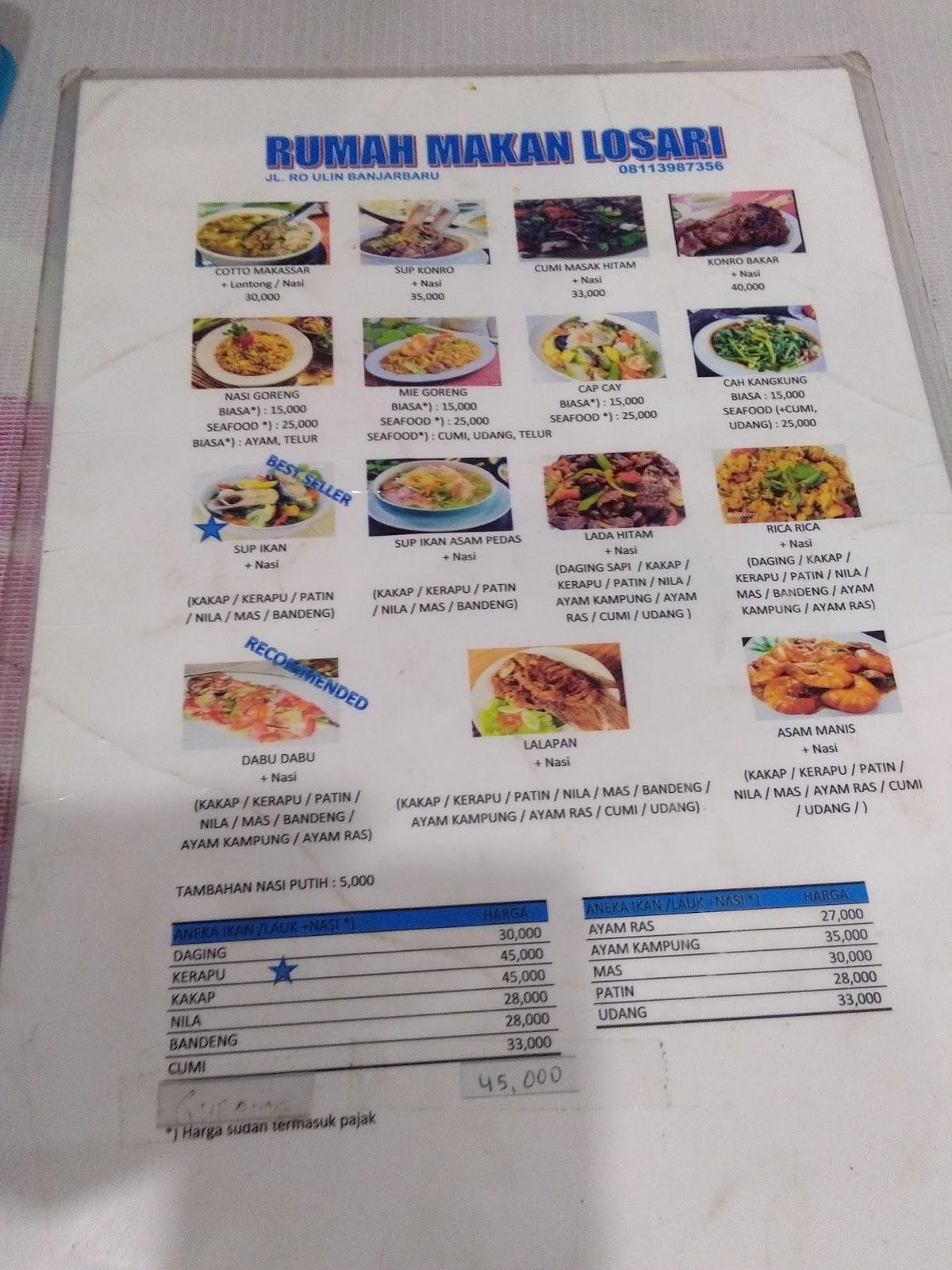 Menu at RM.LOSARI restaurant, Banjarbaru