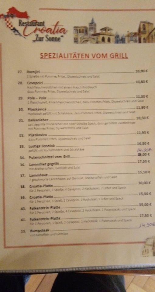 Menu au Restaurant Croatia, Falkenstein